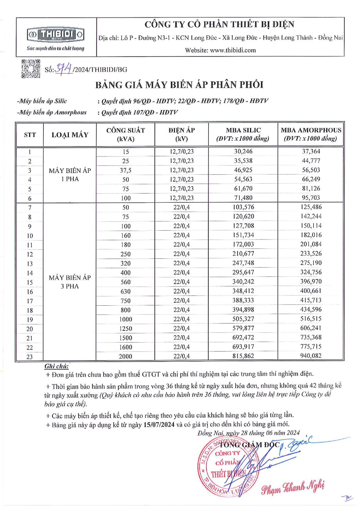 Thông báo về việc điều chỉnh giá bán Máy biến áp (THIBIDI) - KienHai